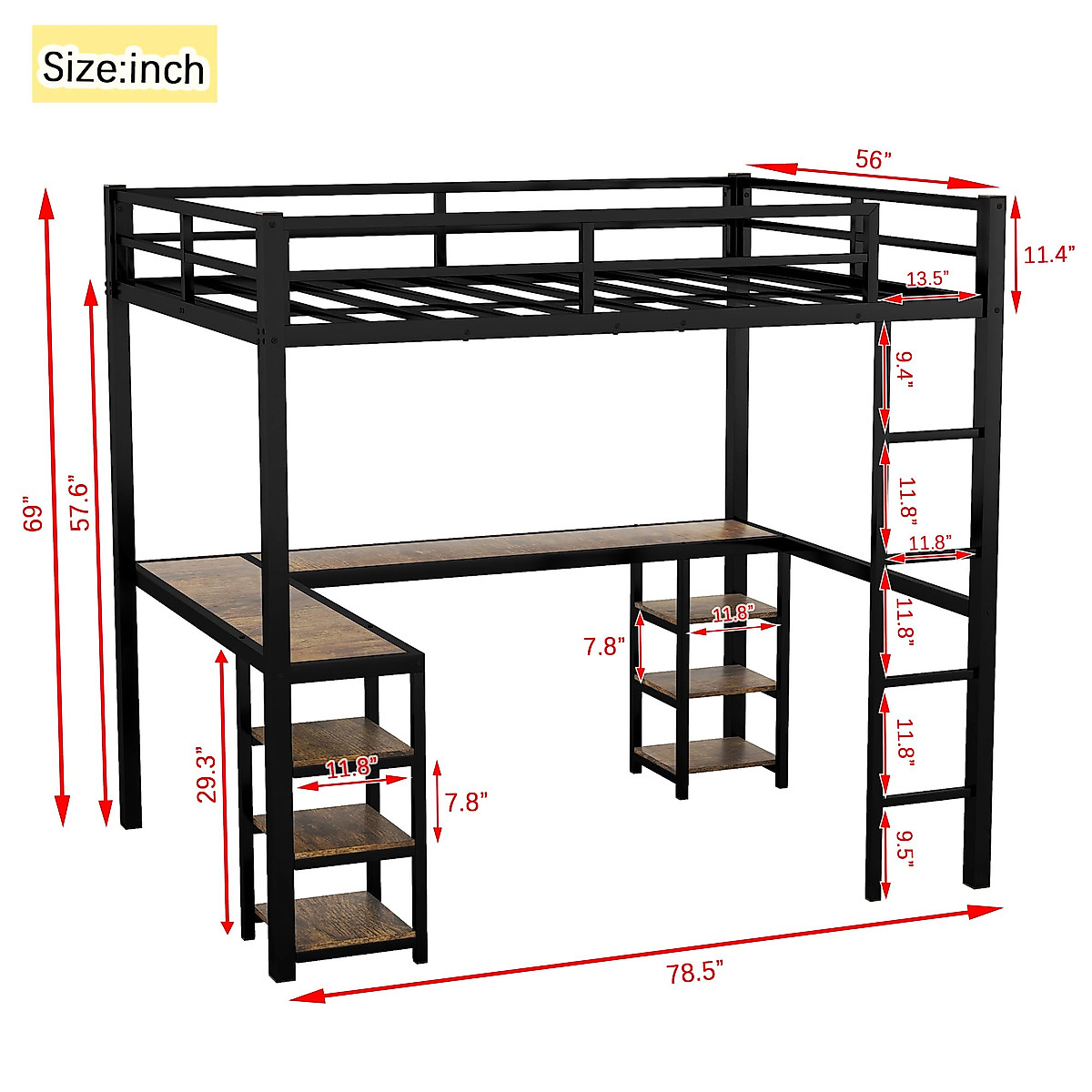 Bellemave Full Size Loft Bed with L Shaped Desk,Metal Frame Loft Bed Full with Storage Shelves,Heavy Duty Metal Loft Bed for Kids,Teens, Noise Free,Black