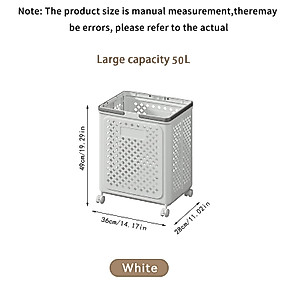 Desricy Collapsible Laundry Basket with Wheels and Handle, 50L Foldable Rolling Laundry Cart, Versatile Plastic Laundry Hamper, Dirty Clothes Hamper for Dorm, Bedroom and Bathroom, White