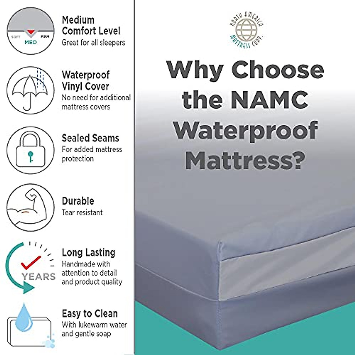 NAMC Urine and Waterproof – Adult Full XL (80" Long) Bedwetting Mattress Grey