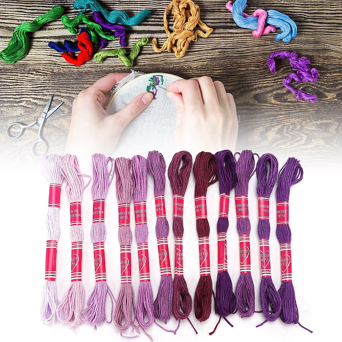 12Pcs Embroidery Thread Cross Stitch Threads Embroidery Floss Friendship Bracelets Floss Gradient Bright Color Polyester Line Sewing Skeins Yarn Cross Stitch Thread for Sewing (Purple)