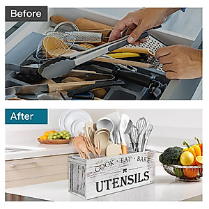 Suli Extra Large Kitchen Utensils Holder with 4 Compartments, Wooden Utensil Organizer for Kitchen Countertop, Farmhouse Kitchen Decor, Rustic Cooking Utensil - White grain