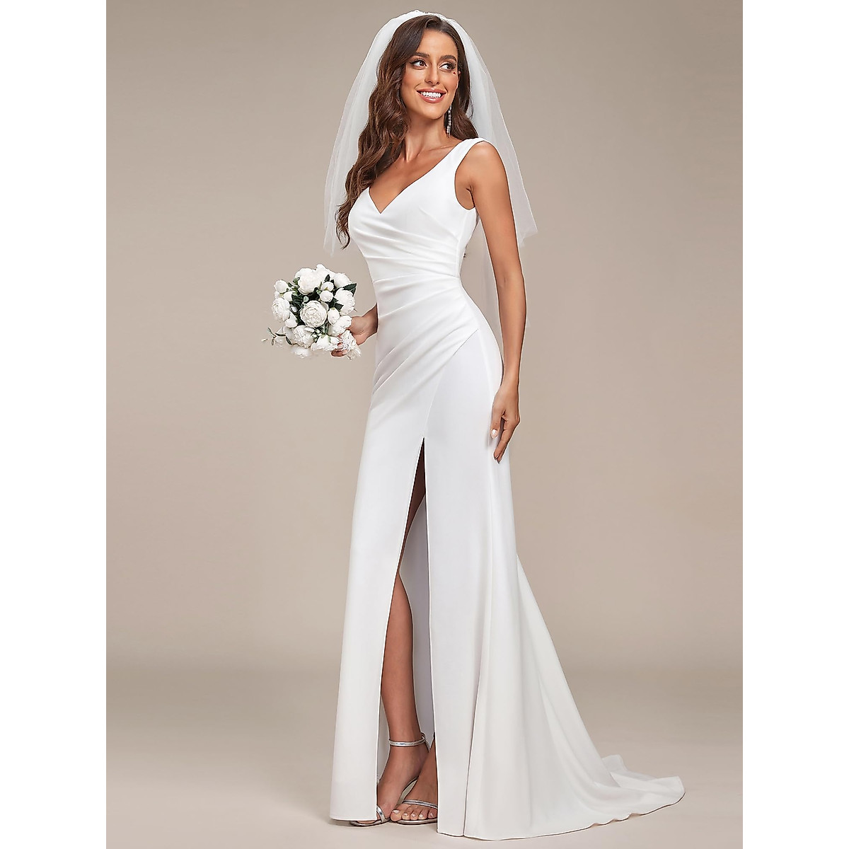 Ever-Pretty Women's Sexy Deep V-Neck Bodycon A-line Floor-Length Wedding Gowns White US8