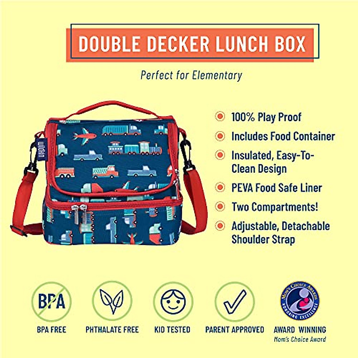 Wildkin Two Compartment Insulated Lunch Bag for Boys & Girls, Measures 9 x 8 x 7 Inches Lunch Box Bag for Kids, Ideal for Packing Hot or Cold Snacks for School and Travel (Transportation)
