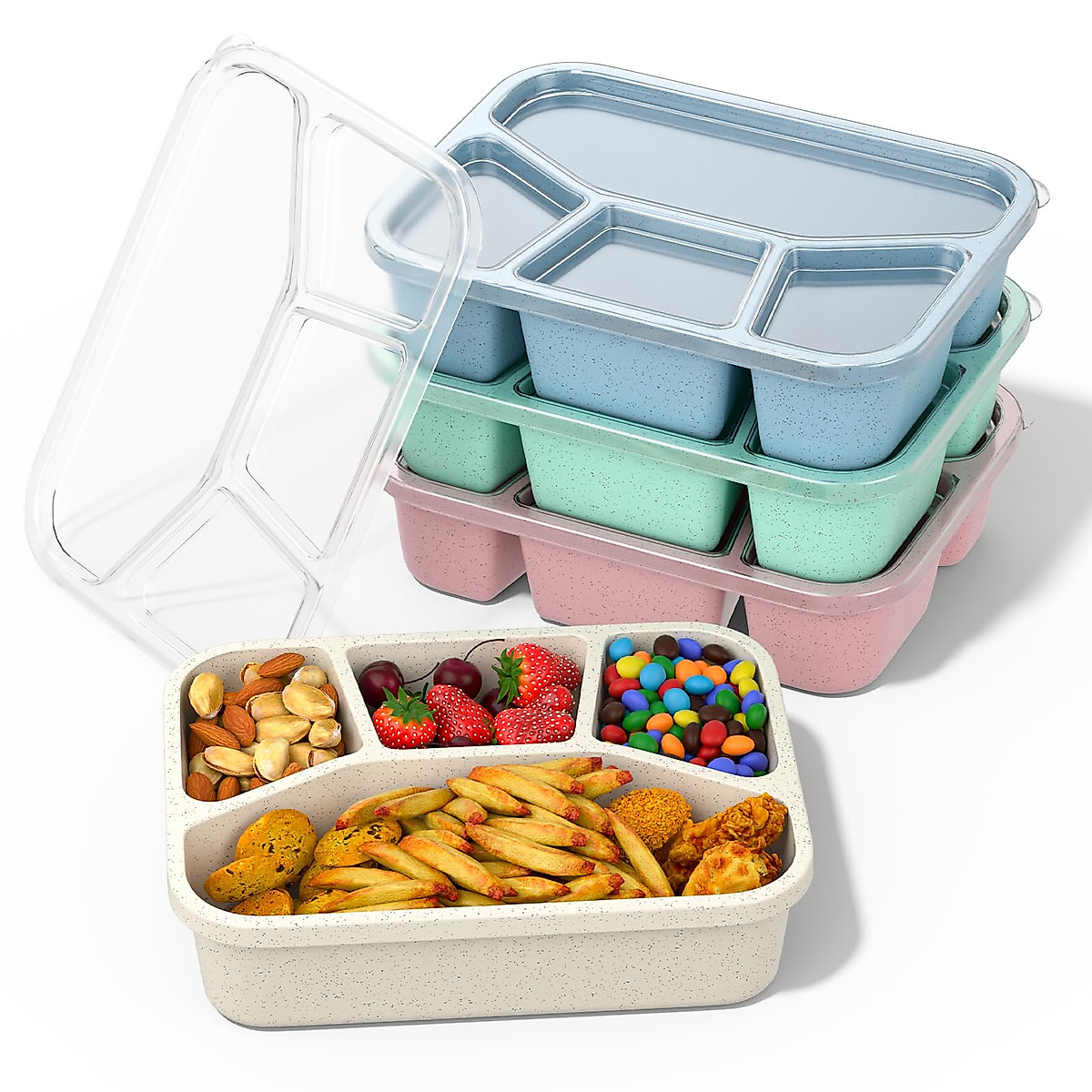 XGXN Bento Box Adult Lunch Box (4 Pack), 5-Compartment Meal Prep Container for Kids, Reusable Food Storage Containers with Transparent Lids, No BPA, Microwaveable (Wheat (Green/Blue/Pink/Beige))