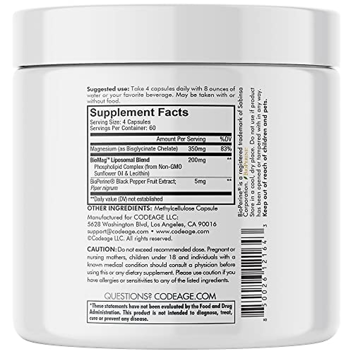 Codeage Liposomal Magnesium Glycinate Supplement, 2-Month Supply, Bisglycinate Magnesium Chelate, Chelated Magnesium Mineral Pills, BioPerine Black Pepper Vitamins Capsules, Non-GMO Vegan, 240 ct