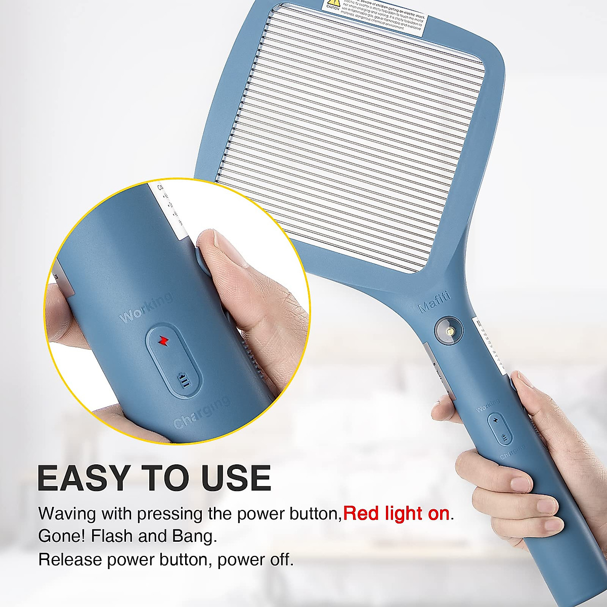 mafiti 2 in 1 Electric Fly Swatter Rechargeable with Flashlight Mosquito Zapper Bug Zapper Racket Fly Killer Indoor Outdoor Camping Accessories (Blue)