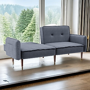 OTRIEK 75" Convertible Futon Sofa Bed with 2 Pillows and Storage Pockets, Modern Upholstered Couch Sleeper Sofa Folding Lounge for Living Room Small Space Apartment (Grey)