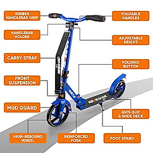 Hurtle Lightweight and Foldable Kick Scooter - Adjustable Scooter for Teens and Adult, Alloy Deck with High Impact Wheels (Blue)
