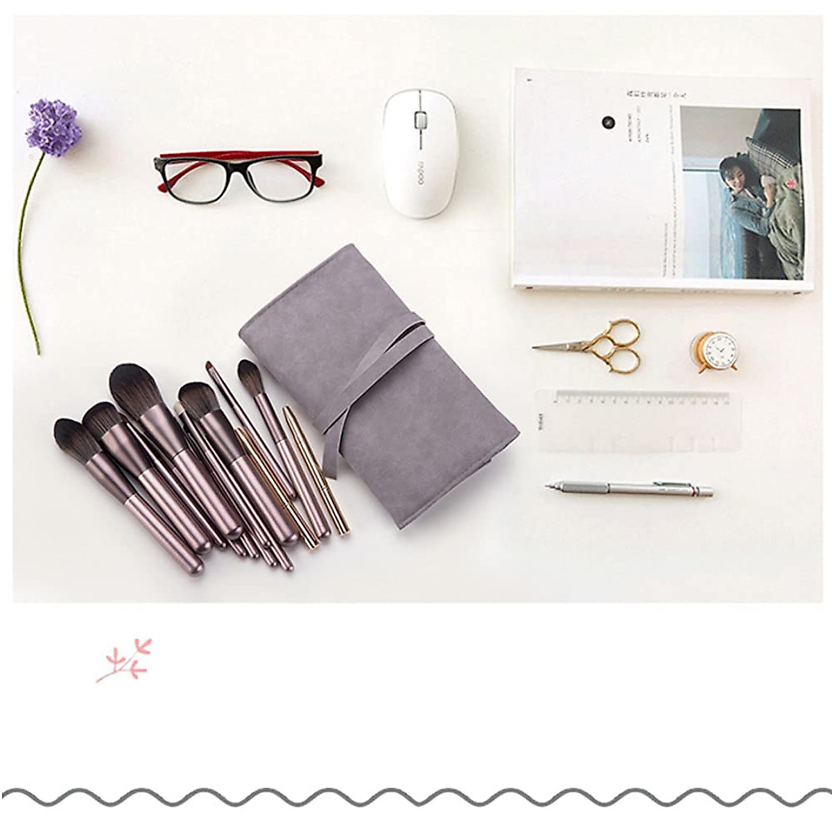 JAMEND CLXP 14 Pockets Makeup Brush Travel Rolling Case Gray Waterproof Cosmetic Travel Bag Brushes Pouch Holder, Premium Leather Brush Organizer with Belt Strap for Women Girls, NO BRUSHES.