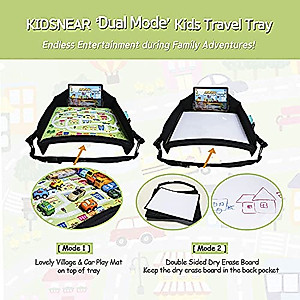 KIDSNEAR Kids Travel Tray, Car Seat Travel Tray, Toddler Travel Tray with iPad & Tablet Holder, Cup Holder, Dry Erase Board (Black)