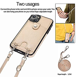 Jaorty Phone Case for iPhone 14 with Card Holder for Women Men,iPhone 14 Crossbody Cases with Strap Lanyard for Girl,PU Leather Anti-Lost Strap Case for iPhone 14 6.1",Gold