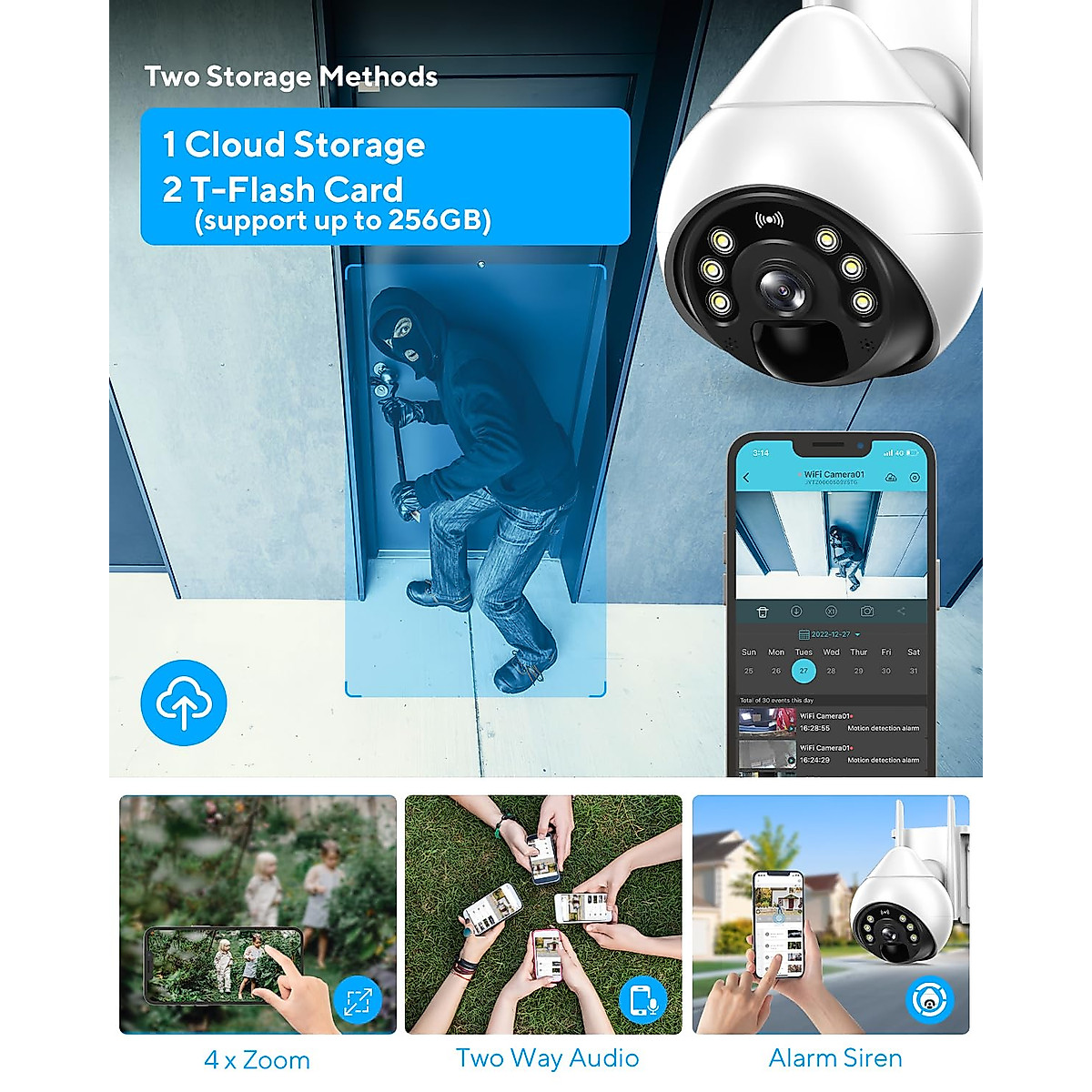 ANWIKE Solar Security Camera Outdoor Full 360°Coverage - Double Solar Panel Pan Tilt Zoom Wireless Security Camera with floodlights Color Night Vision, WiFi Camera 2-Way Audio IP66 Waterproof