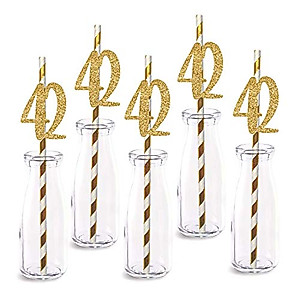 42nd Birthday Paper Straw Decor, 24-Pack Real Gold Glitter Cut-Out Numbers Happy 42 Years Party Decorative Straws