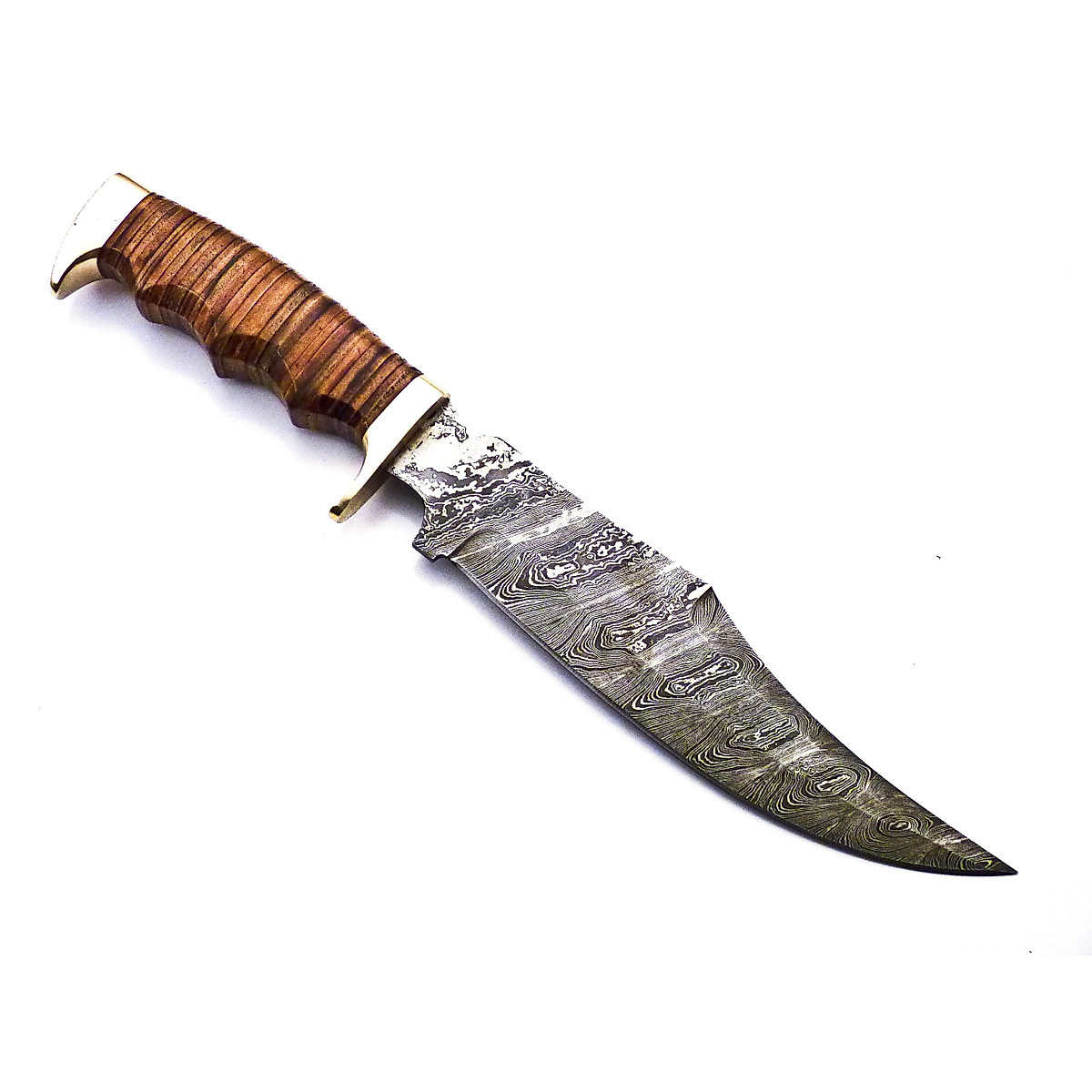 Skokie Knives Custom Hand Made Damascus Steel Hunting Knife Handle Leather Stacked with Brass Spacer (Stacked)