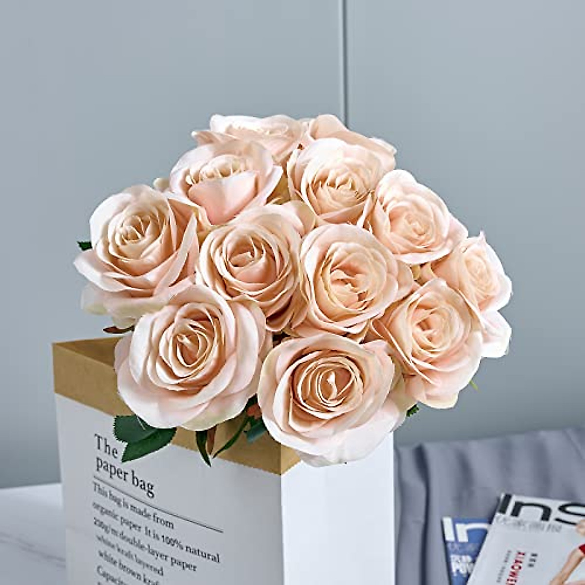 Helera 12pcs Roses Artificial Flowers Fake Rose Blush Pink Silk Roses Pink Silk Flowers Rose with Long Stems for Wedding Home Party Centerpieces Decorations