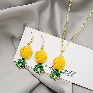 Tropical 2pcs Yellow Ruit Green Leaf Pineapple Earings Pendant Necklace Suit for Women Fashion Dangle Earings Jewellery