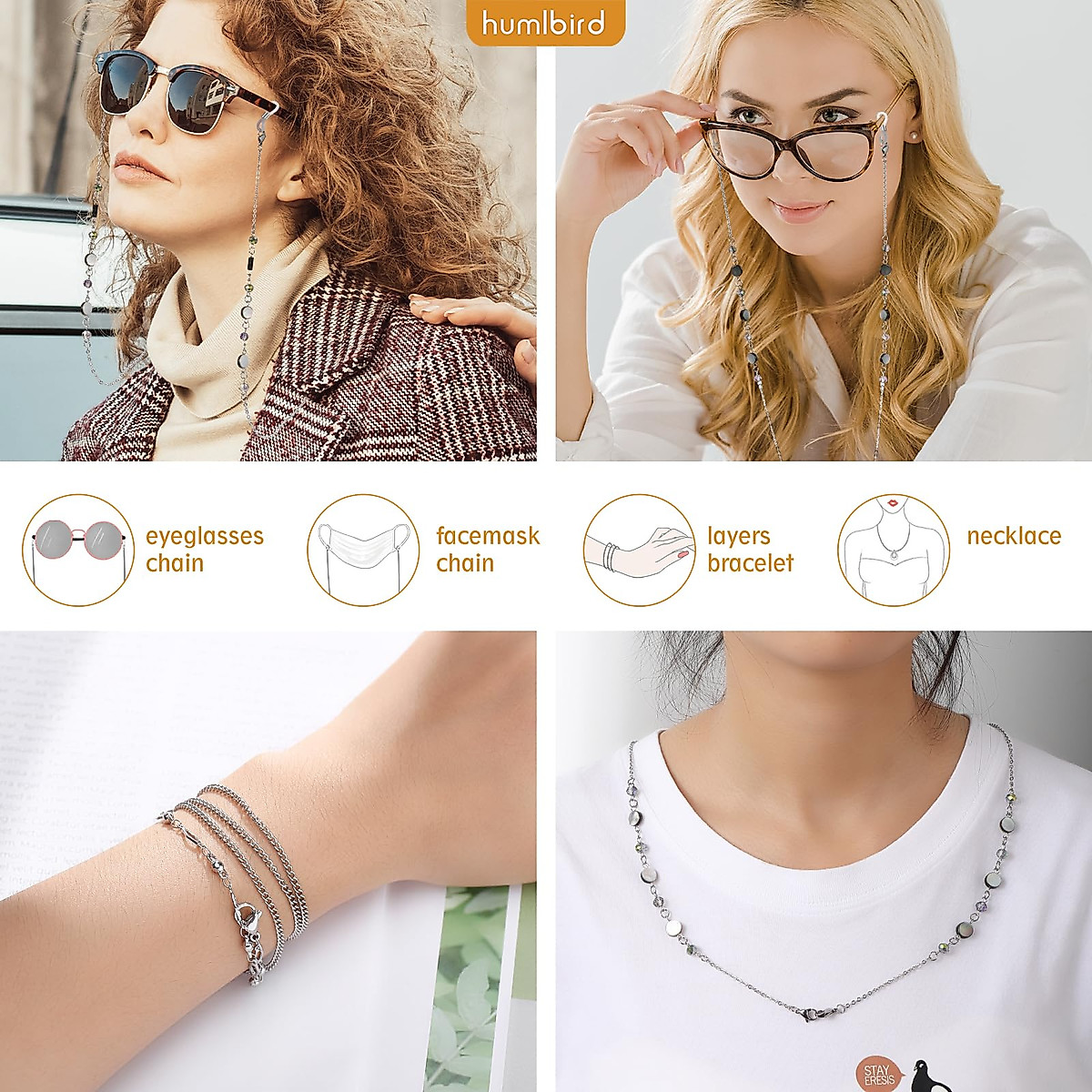 humlbird Glasses Chain Stainless steel Eyeglass Chains for Women Sunglass Chain Stylish Mask Chain Eye Glasses Holders Around Neck Glasses Strap (stainless steel-3)
