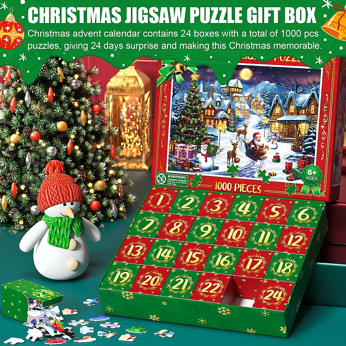 Partylamb Advent Calendar 2023-1000 Pieces Christmas Jigsaw Puzzles for Kids Adults Teens, Christmas Countdown Calendars Family Game Puzzle 24 Days Surprises Xmas Gift Idea for Women Men Boys Girls