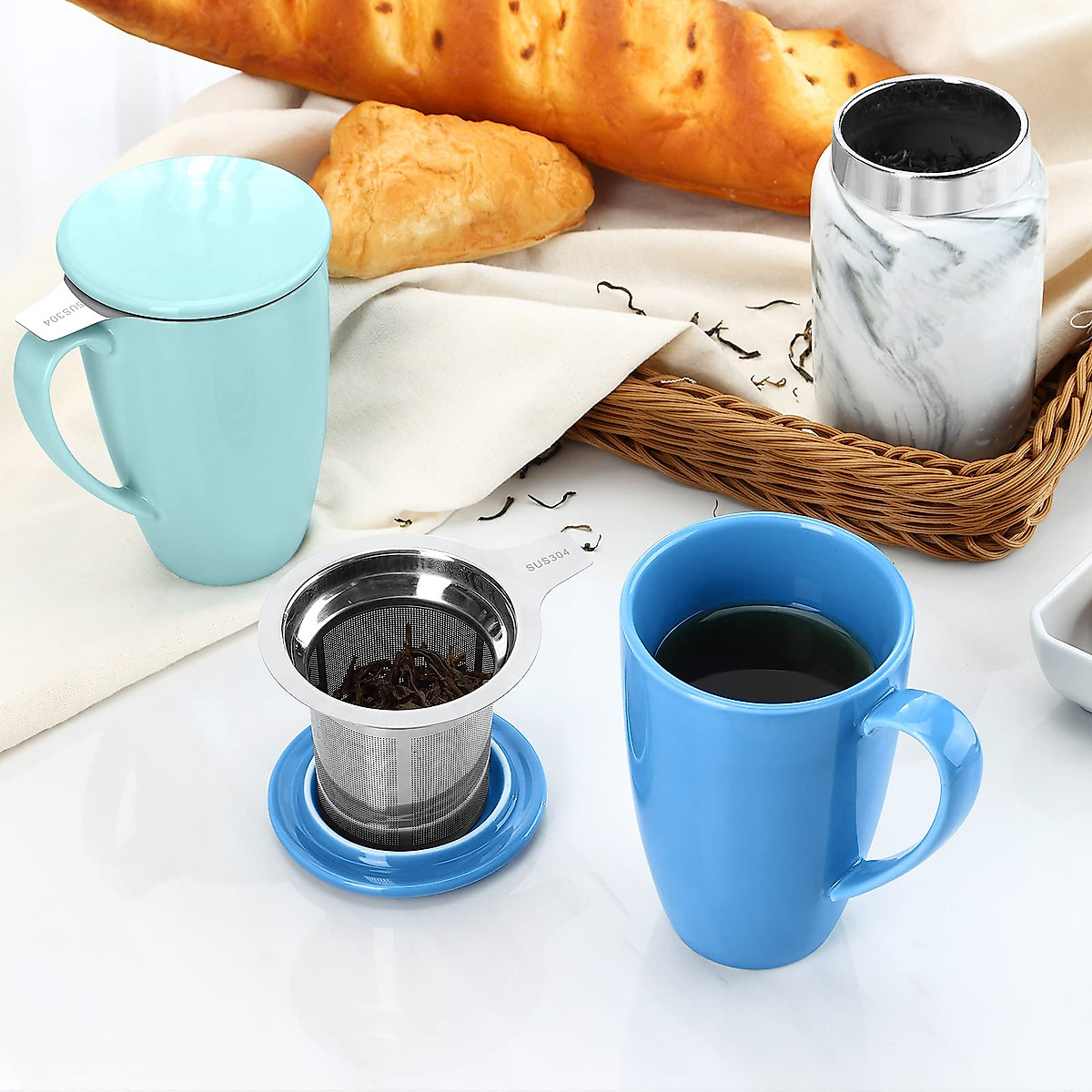 Yedio Porcelain Tea Mug with Infuser and Lid- 15 Ounce Tea Cup with Filter for Tea, Milk, Coffee, Loose Leaf Tea Infusers, Turquoise