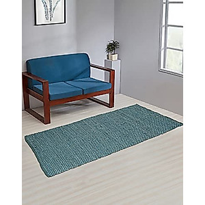 Durrie India Area Rugs for Bedroom Living Room Rug Durrie 6' x 4' Ft Handmade Boho Braided Jute & Cotton Area Rug - Blue