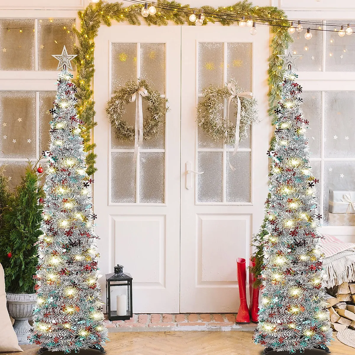 2Pcs Pop Up Christmas Tree with 50 Warm Lights 3D Topper Star - Collapsible Glitter Tinsel Artificial Christmas Pencil Trees Holiday Xmas Decoration for Indoor Home Office