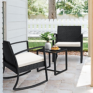 Devoko 3 Pieces Patio Chair Set Outdoor Rocking Chairs Set Resin Patio Furniture Bistro Sets Porch Furniture with Coffee Table (White)