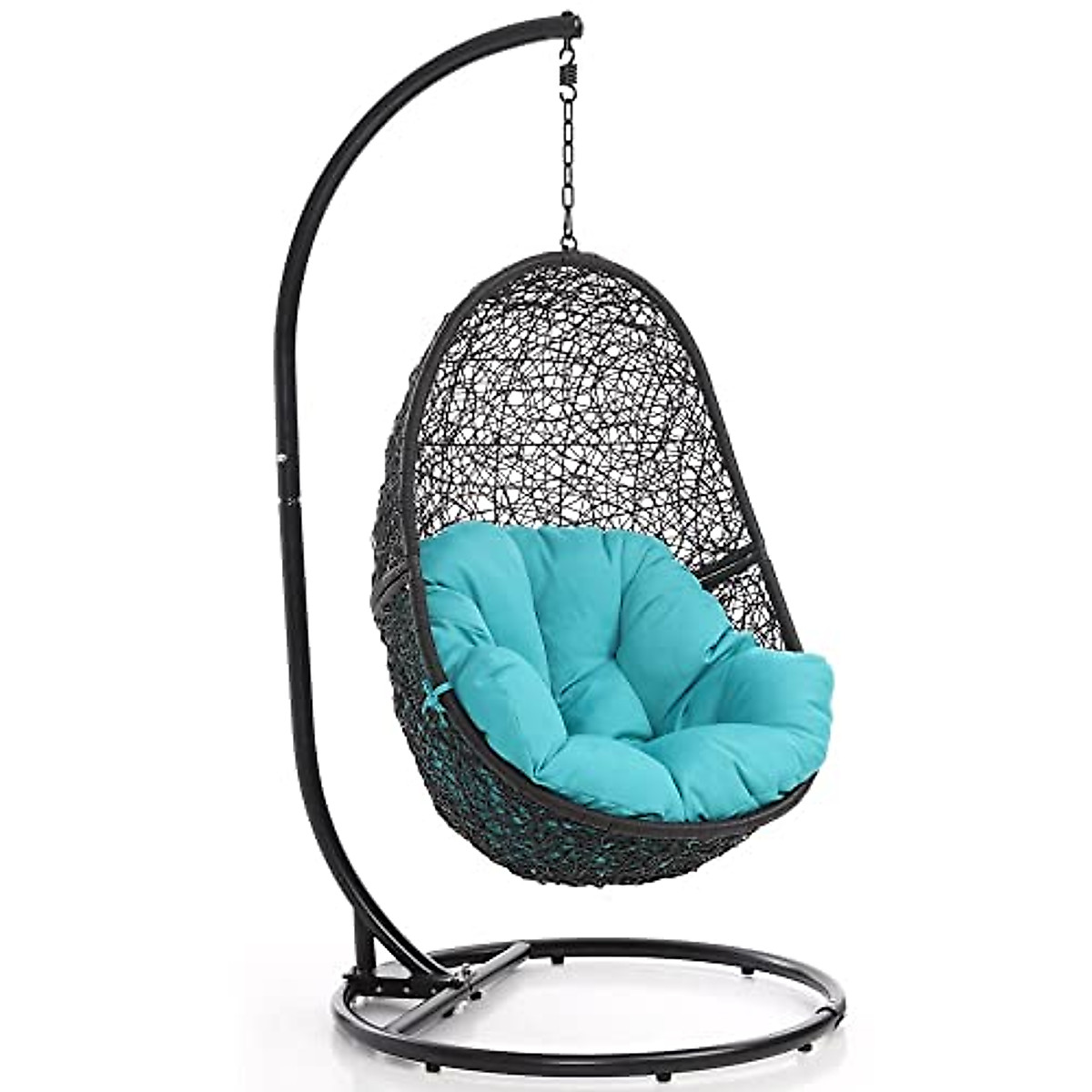 Zuri Furniture Modern Reef Black Basket Swing Chair Teal Cushion with Stand