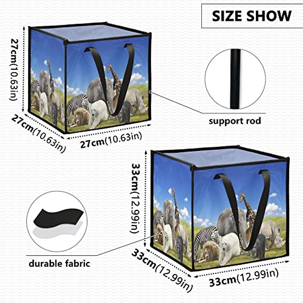 Blueangle Wild Animals Group Cube Storage Bin with Handles, 13 x 13 x 13 in, Large Collapsible Organizer Storage Basket for Home Décor（507）