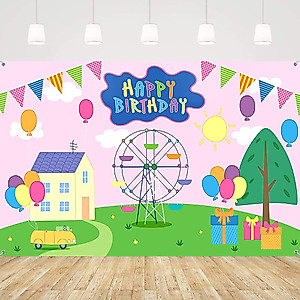 Happy Birthday Backdrop Colorful Cartoon House Sky Flag Car Photography Background Cartoon Pink Pig Theme Banner for Baby Shower Birthday Party Decorations, 72.8 x 43.3 Inch
