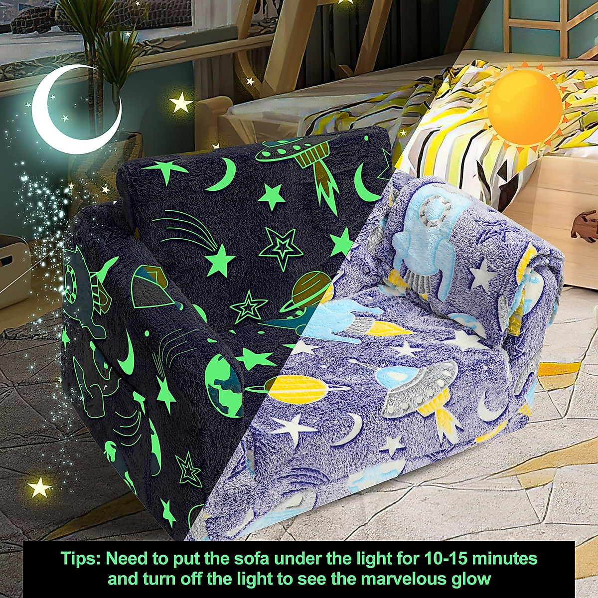 Kirumie Kids Couch Glow in The Dark, Toddler Couches That Fold Out, 2-in-1 Convertible Sofa to Lounger, Soft Kids Sofa with Blanket, Toddler Chair Comfy Sofa for Baby Boys Girls, Space & Blue