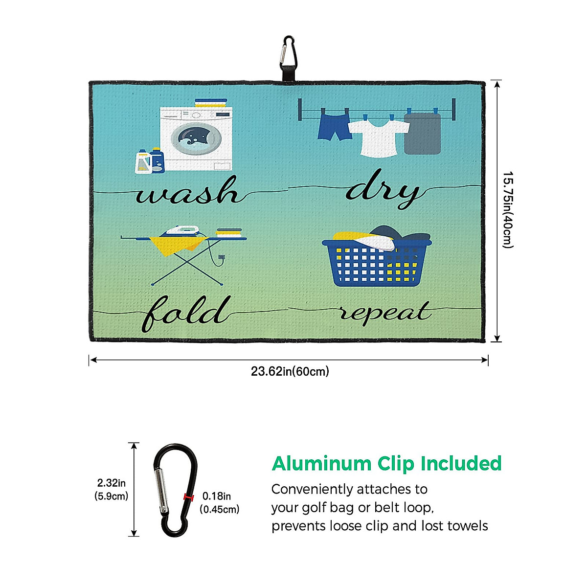 Golf Towel Microfiber Waffle Pattern Towel with Carabiner Clip,Laundry Dirty Basket Cloth Washing Machine Golf Towels for Man Woman Club Cleaner,Wash Dry Quote Teal Gradient Back Golf Accessories
