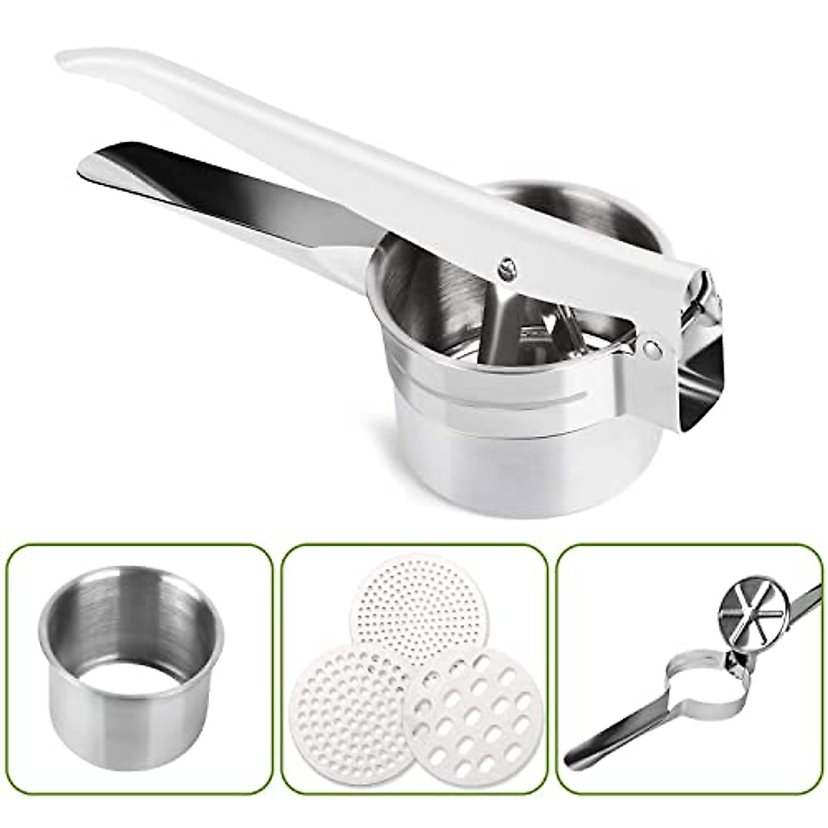 Potato Ricer Stainless Steel Potato Masher, Food Ricer, Fruit and Vegetables Press with 3 Removable and Interchangeable Discs, Manual Masher Ricer Kitchen Tool