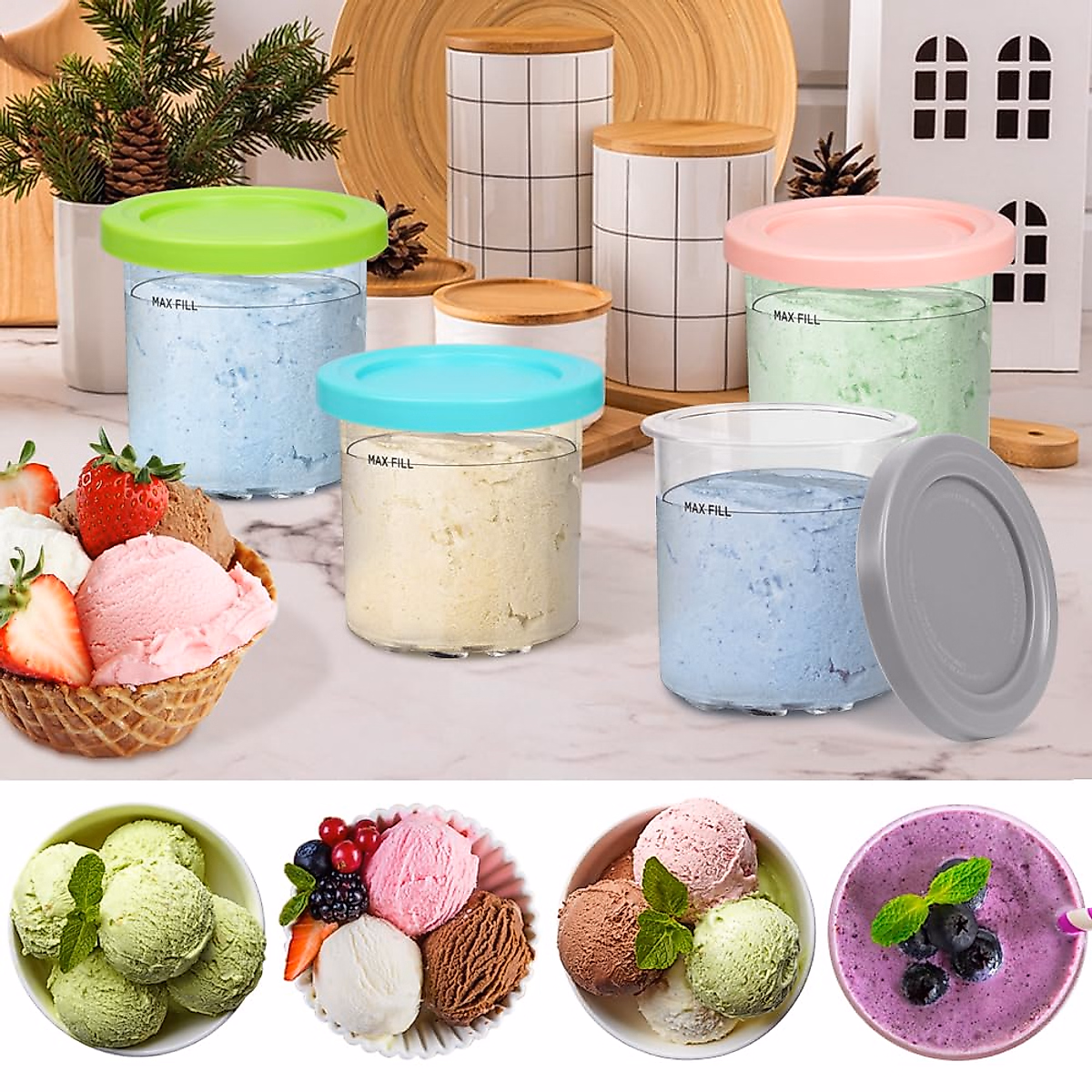 Creami Pint Containers with Lids Compatible with Ninja Creami Ice Cream Maker NC301 NC300 NC299AMZ, 4-Pack-16OZ Ninja creami accessories, Ice Cream Pint Containers Dishwasher Safe