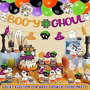 Halloween Gender Reveal Decorations Boo-y or Ghoul Banner Cake Cupcake Topper Ghost Balloon Pumpkin Witch Hat Theme for Kids Boy Girl Halloween Baby Shower Party Supplies