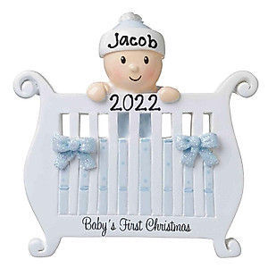 2023 New Baby in Crib Personalized Baby`s First Christmas Hanging Tree Ornament New Born Baby Gift-Free Personalized (Blue)