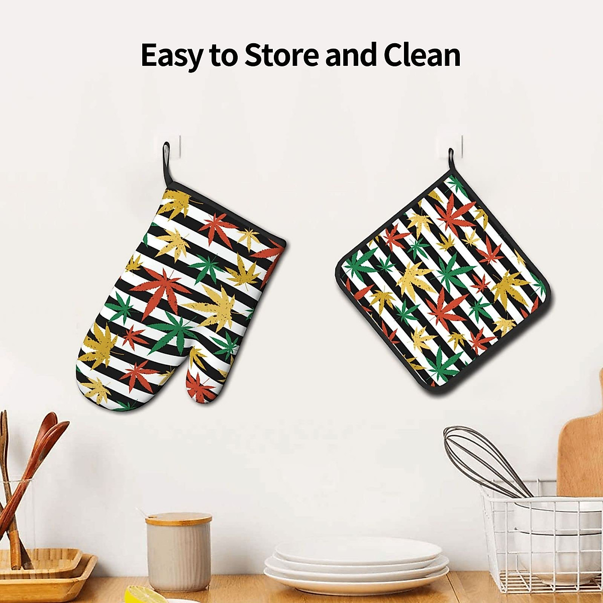 Oven Mitts and Pot Holders Sets Colorful Weed Oven Gloves Heat Resistant Potholders Washable Non-Slip BBQ Gloves with Hanging Loop for Women Men Kitchen Baking Cooking Grilling