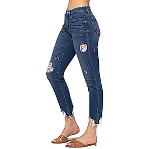 Judy Blue Women's Mid Rise Shark Bite Slim Fit Jeans (14 Plus, Dark Blue)