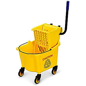 ReunionG Commercial Mop Bucket, Household Bucket with Wringer, Side Press Mop Bucket with Wheel and Handle, Side Press Wringer Trolley with Ergonomic Rocker for Easy Water Drain, Yellow (26 Quart)