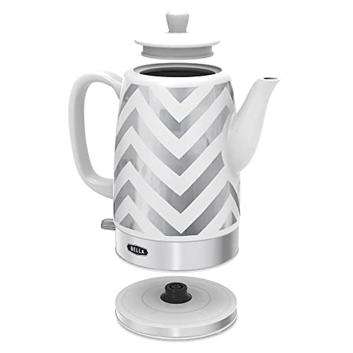 BELLA Electric Kettle & Tea Pot - Ceramic Water Heater with Detachable Swivel Base, Auto Shut Off & Boil Dry Protection, 1.5 Liter, Silver Chevron