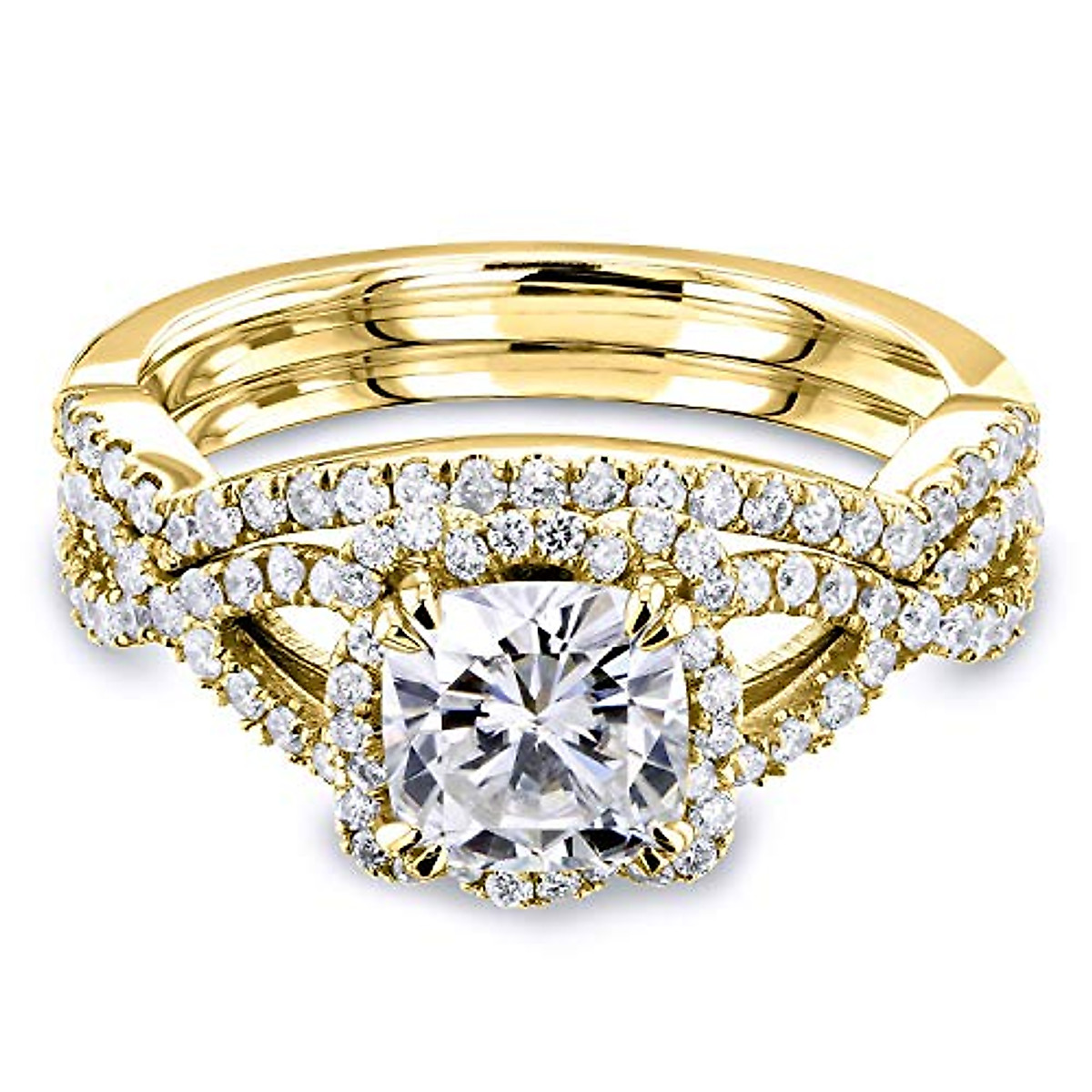 Kobelli Cushion Moissanite Fancy Halo Cross Shank Bridal Set, 1-1/2 CTW in 14k White Gold, 8