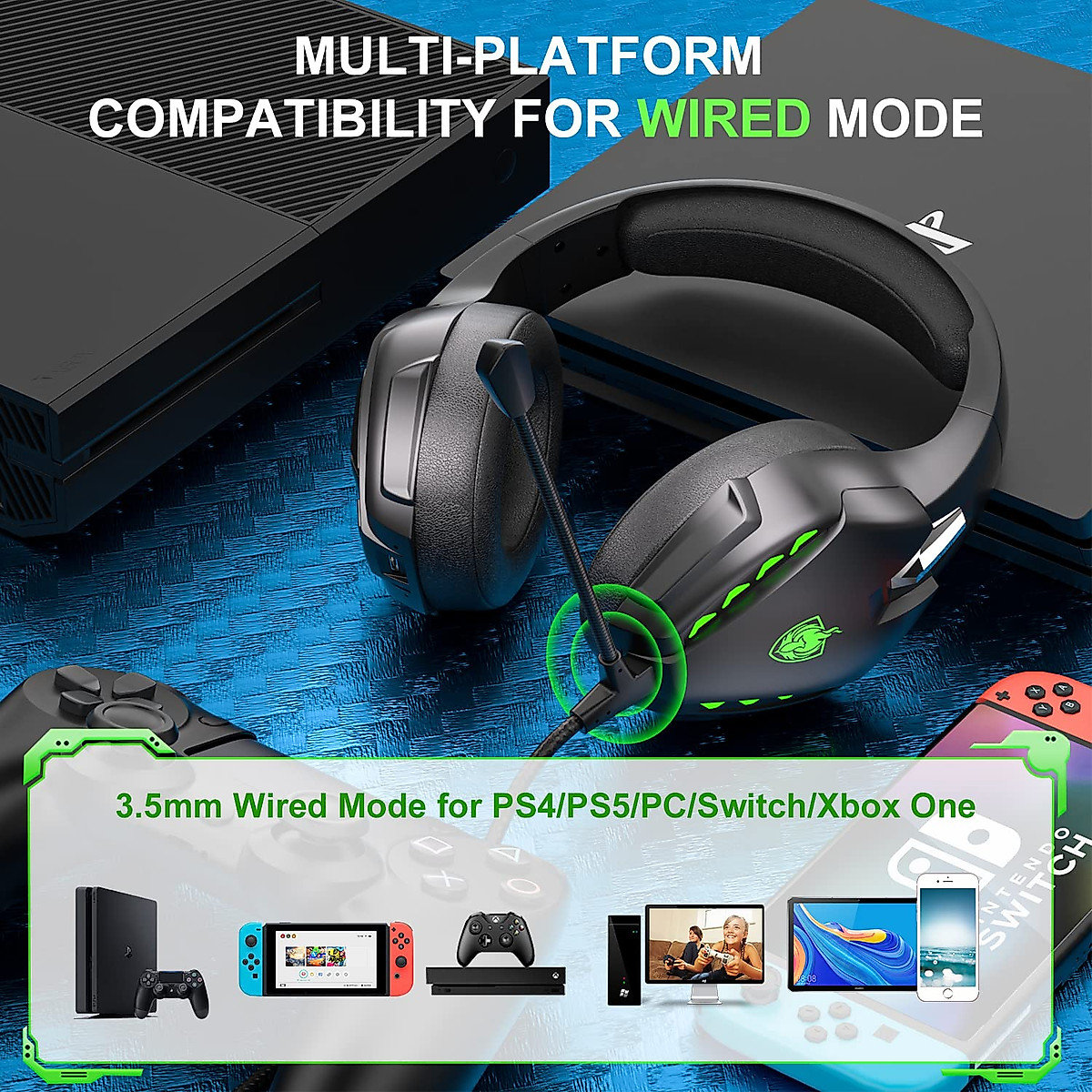 PHOINIKAS PS5 Gaming Headset for PS4, PC, Switch, Q10 Xbox One Headset with Stereo Sound, Detachable Mic, Wireless Bluetooth 5.3 Headphone only for Laptop/Phone/Tablet, 20H Battery (Green)