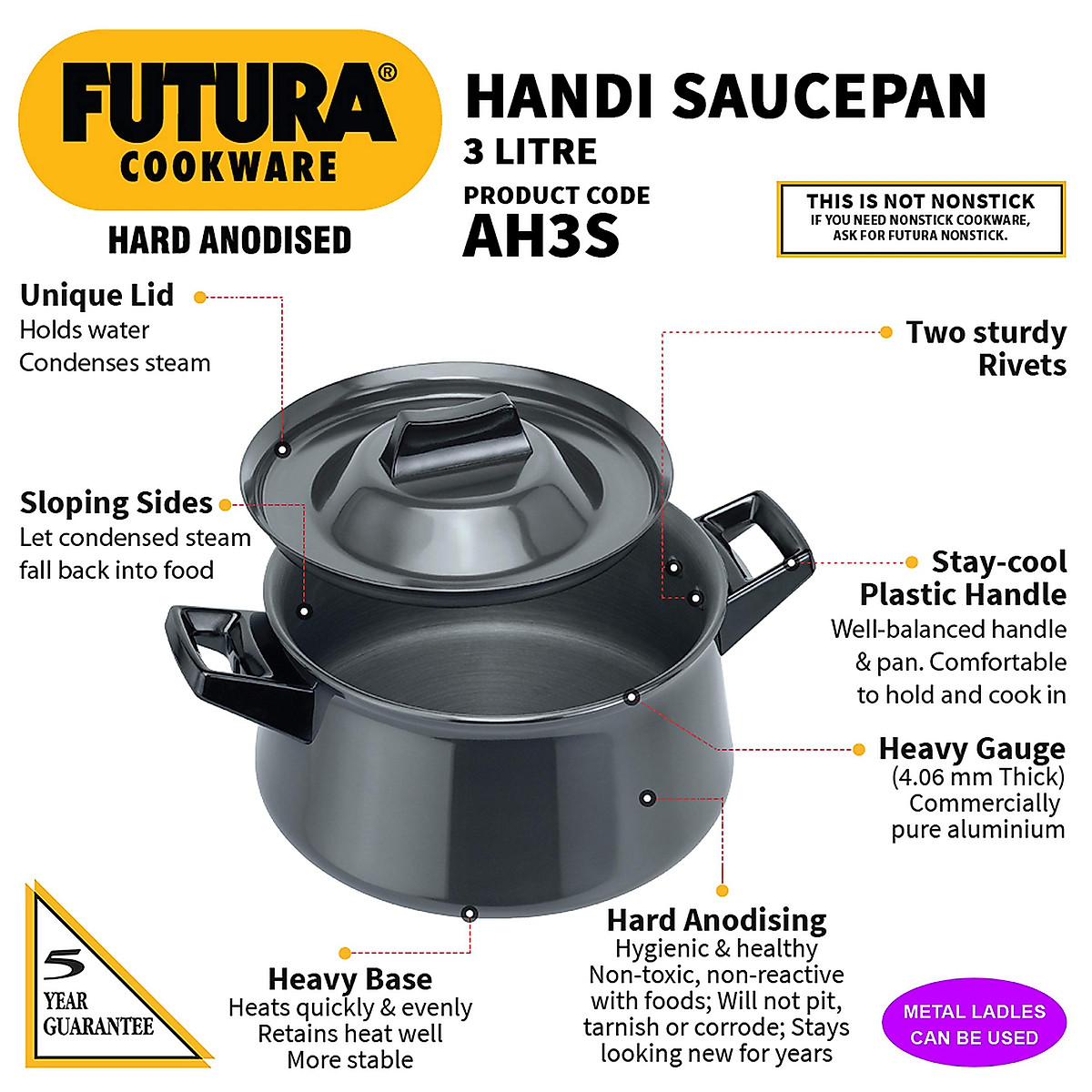 Futura Hard Anodised Handy Sauce Pan with Lid and 2 Handles, 3-Liter,Black,21cm
