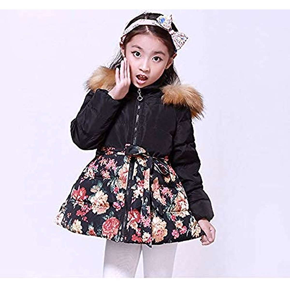 SS&CC Girls' Long Flower Printing Bowknot Winter Hooded Down Jacket 10-12 Years