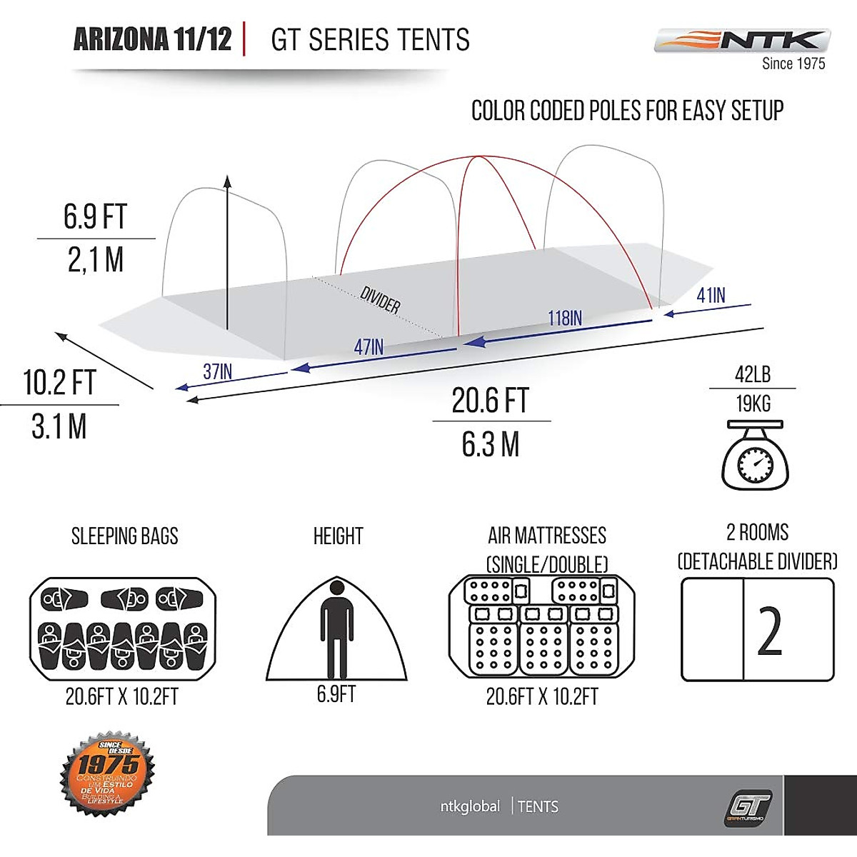 NTK Arizona GT 12 Person Tent for Family Camping | 20.6x10 ft Camping Tent with 2 Rooms, 2 Doors, 100% Waterproof Dome & Breathable Mesh | Outdoor Tent | 2500 mm Warm & Cold Weather Family Tent