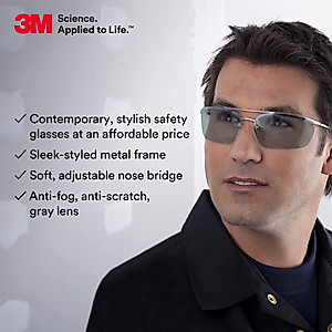 3M Safety Glasses, Metaliks, ANSI Z87, Anti-Fog, Gray Lens, Polished Metal Frame, Adjustable Bridge