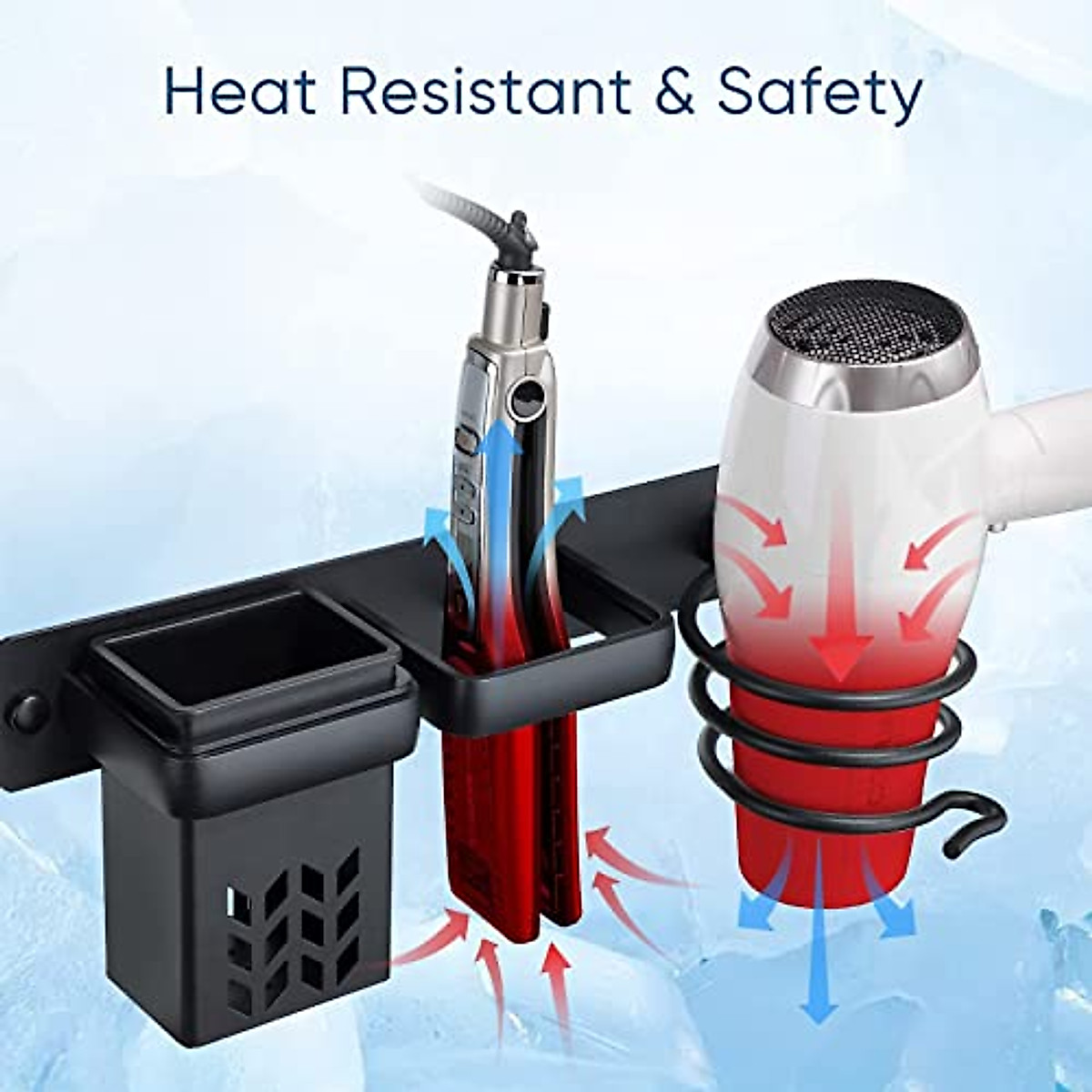 DELITON Hair Dryer Holder Wall Mount - Blow Dryer Holder, Hair Dryer Rack & Hair Styling Care Tool Organizer - Storage Basket with Plug Hook, Black