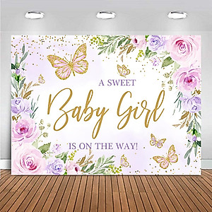 Wollmix Butterfly Baby Shower Decoration for Girl Backdrop 10x7ft A Sweet Baby Girl is on The Way Purple Florals Flowers Photography Background Gold Dots Princess Banner Photo Booth Supplies Props