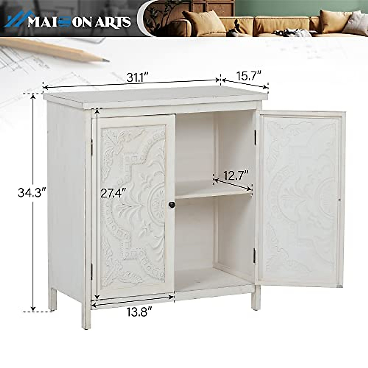 MAISON ARTS White Accent Cabinet with 2 Doors Sideboard Buffet Storage Cabinet Decorative Distressed Cabinet with Carved Pattern Doors for Bedroom Living Room Kitchen Farmhouse, White Embossed Flower