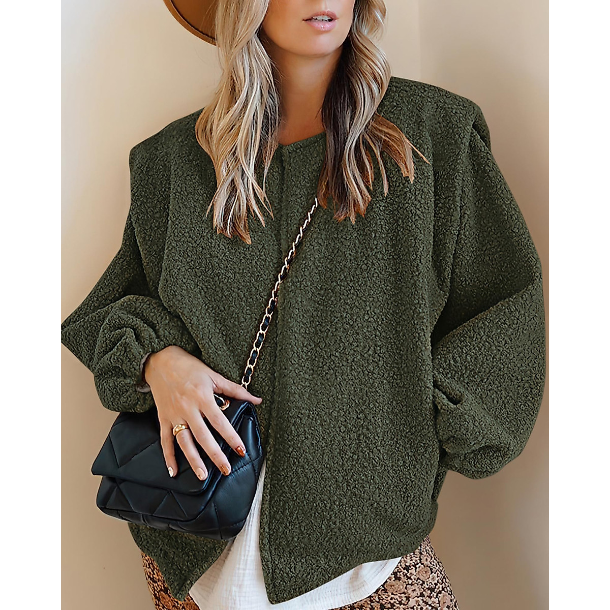 KIRUNDO Women's 2024 Fall Winter Sherpa Fleece Jacket Faux Wool Embedded Lantern Sleeve Casual Loose Outwear With Pockets(Army Green, Medium)