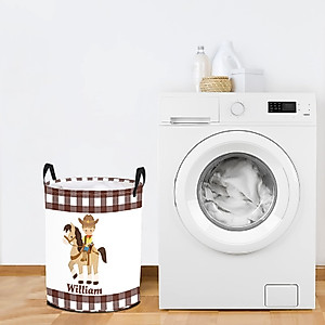 Personalized Laundry Basket Hamper,Cowboy Brown Plaid,Collapsible Storage Baskets with Handles for Kids Room,Clothes, Nursery Decor